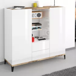 Mobile multiuso 120 cm con 2 ante e 2 cassetti in legno bianco lucido e ...