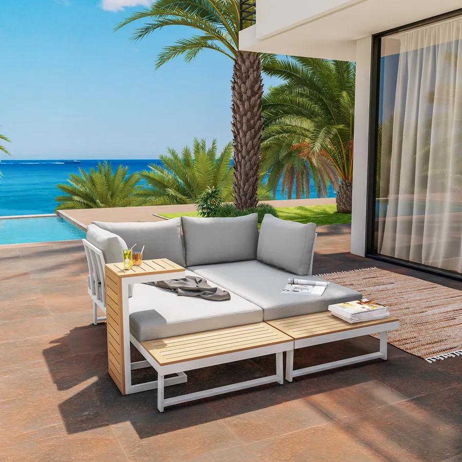Set relax modulare in alluminio bianco e legno con tavolino e cuscini ...