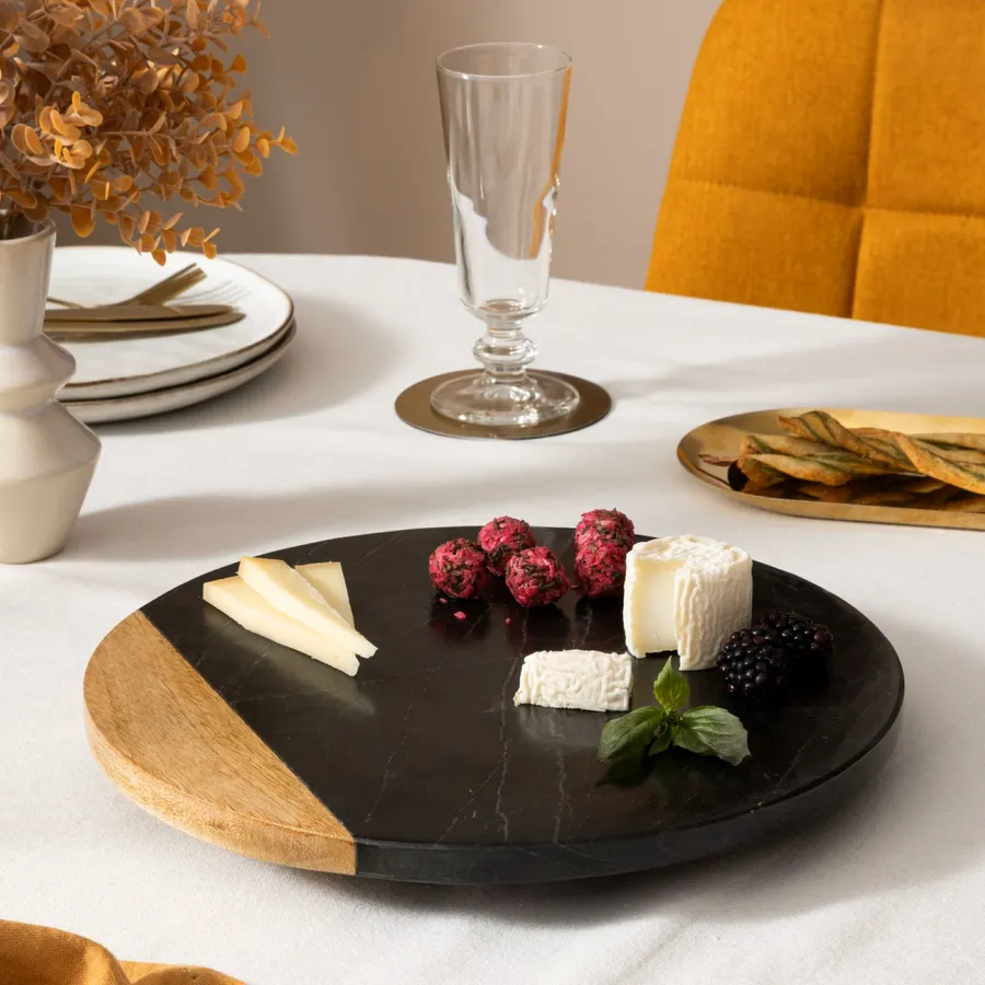 Piatto girevole rotondo 30 cm in legno di mango e marmo nero