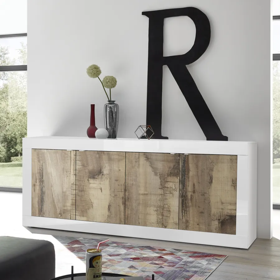 Madia 207 cm con quattro ante in legno e bianco lucido - Geila