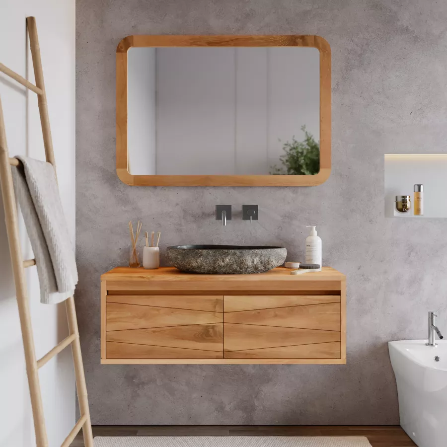 Mobile da bagno sospeso 100 cm in legno teak naturale - Silveira