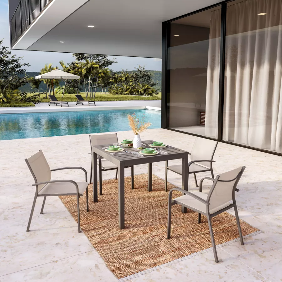 Set pranzo tavolo 90x90 cm e 4 sedie con braccioli tondi in alluminio e ...