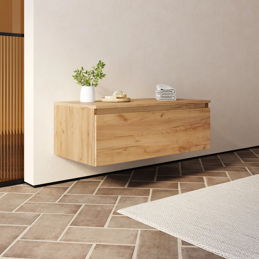 Cassettone bagno sospeso 100 cm in legno rovere gold - Plain