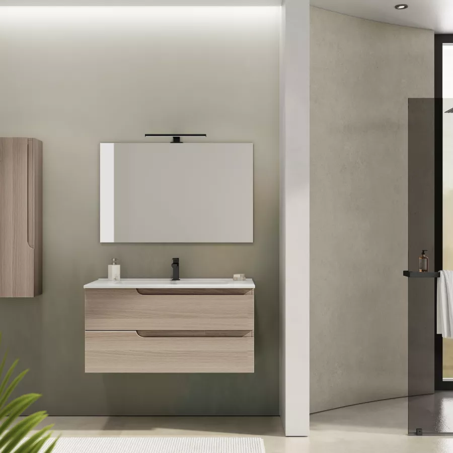 Mobile bagno sospeso 100 cm con lavabo integrato color rovere chiaro e ...