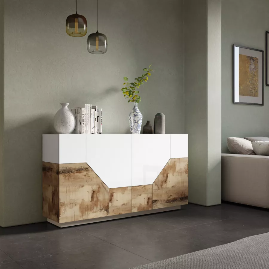 Madia 158,5x86h cm con 4 ante in legno bianco lucido e acero - Diako