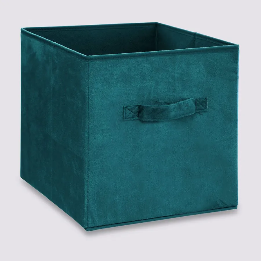Cubo contenitore 31x31h cm in velluto blu petrolio