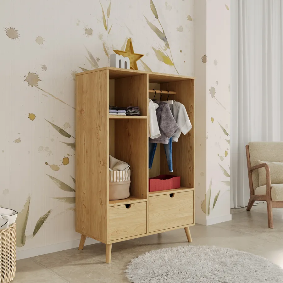 Armadio per bambini 80x125h cm in legno naturale con 2 cassetti - Lollipop