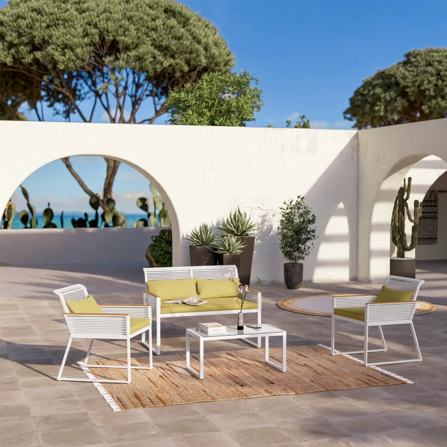 Set relax con divano 2 poltrone e tavolino da caffè in acciaio bianco ...