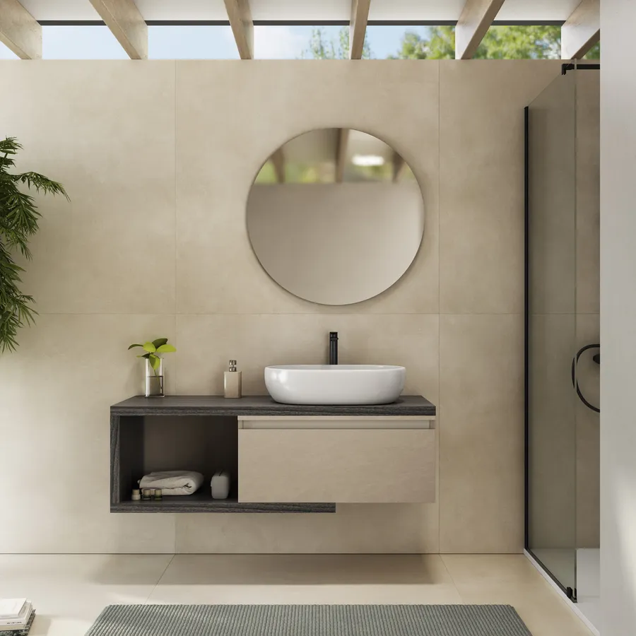 Mobile bagno sospeso 120 cm rovere grigio con cassettone argilla e ...