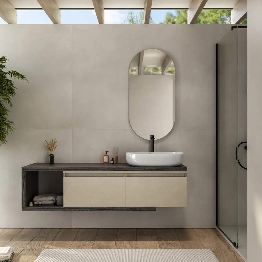 Mobile bagno sospeso 160 cm rovere grigio con cassettoni argilla e ...