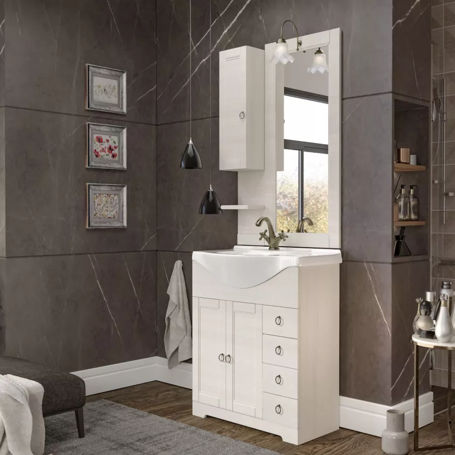 Mobile bagno a terra 75 cm bianco decapè e specchiera con pensile sx ... Mobile bagno a terra 75 cm bianco decapè e specchiera con pensile sx ...