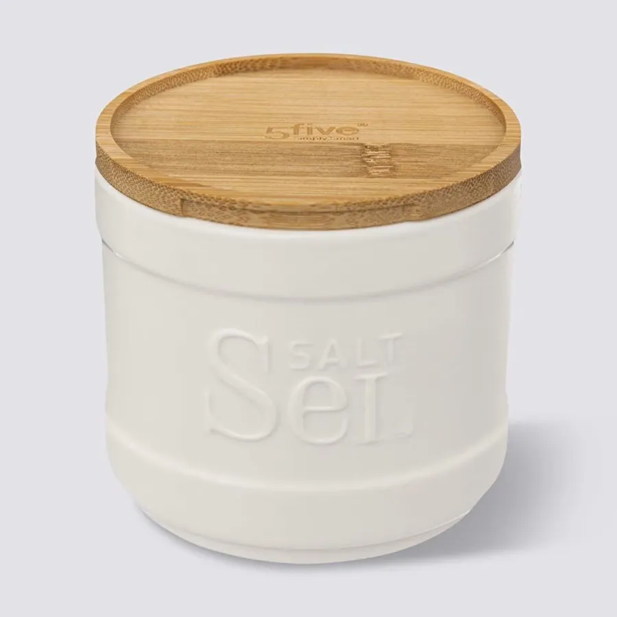 Contenitore per sale rotondo 10 cm in ceramica bianco e coperchio in bambù