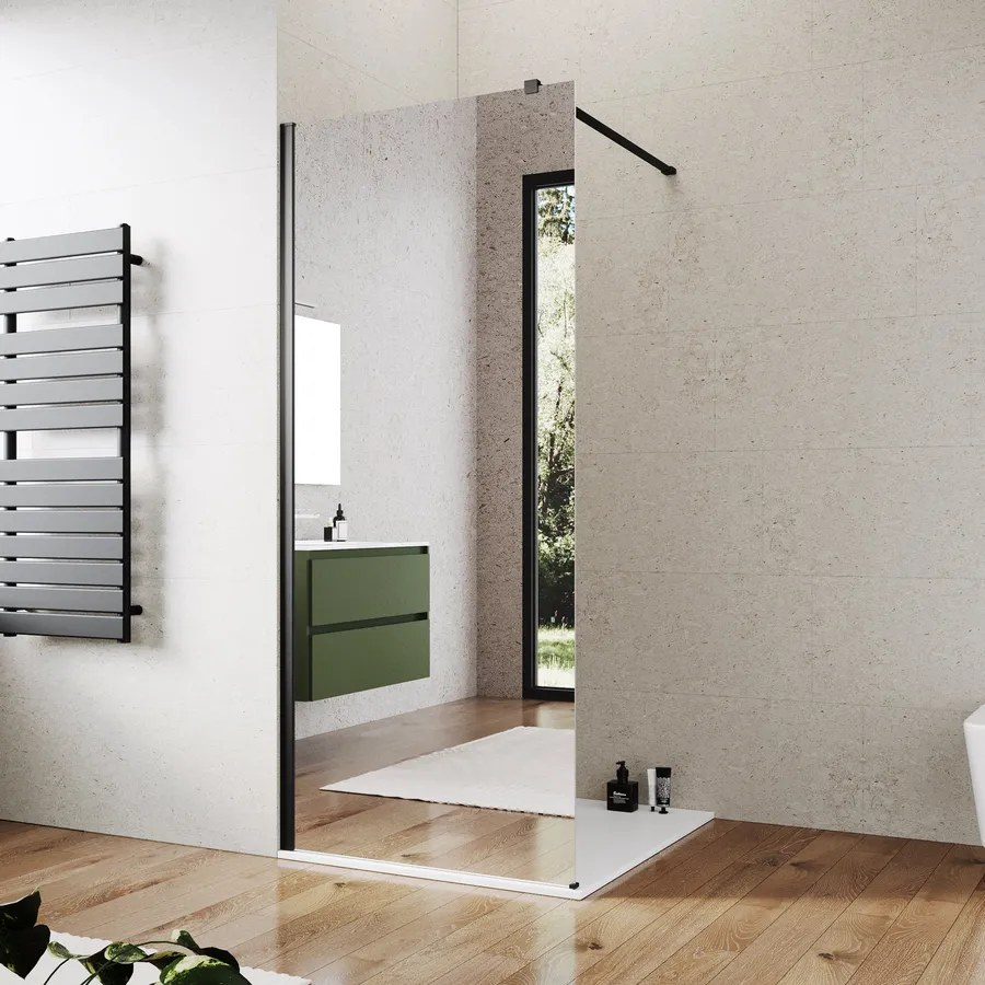 Box doccia Walk in 100 cm vetro anticalcare specchiato e profilo nero ...