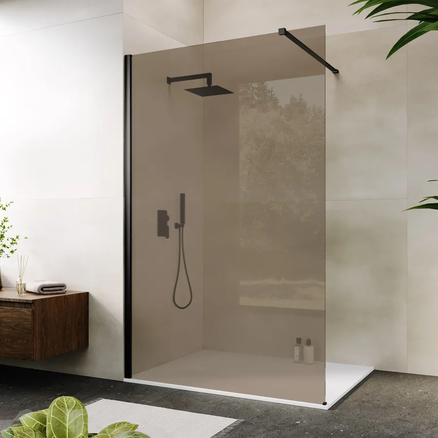 Box doccia Walk in 140 cm vetro anticalcare bronzato e profilo nero ...