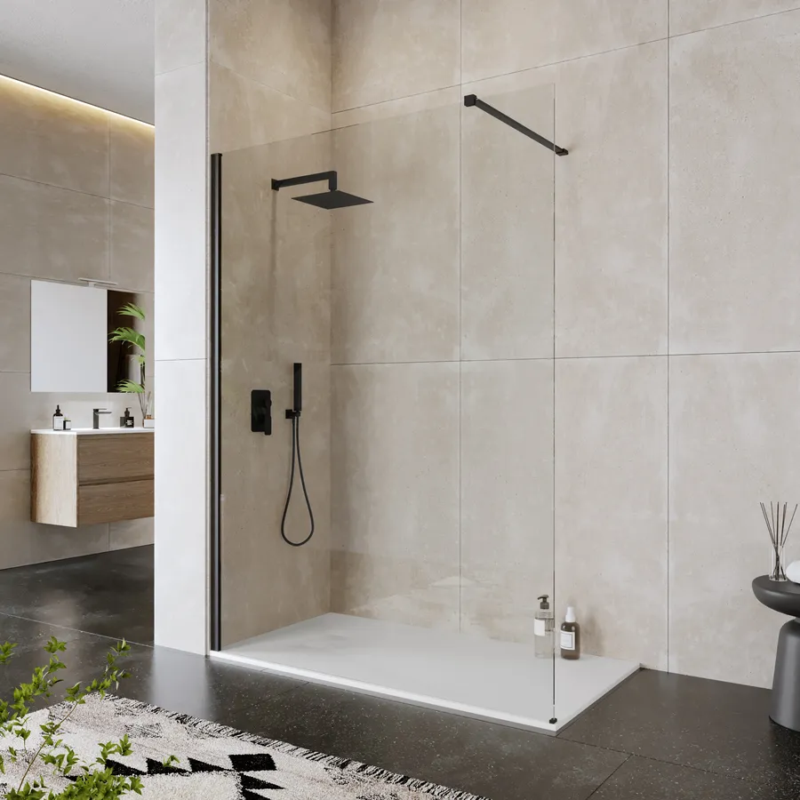 Box doccia Walk in 150 cm vetro anticalcare trasparente e profilo nero ...