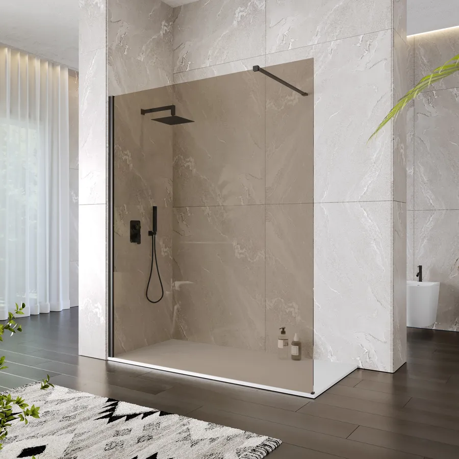 Box doccia Walk in 170 cm vetro anticalcare bronzato e profilo nero ...