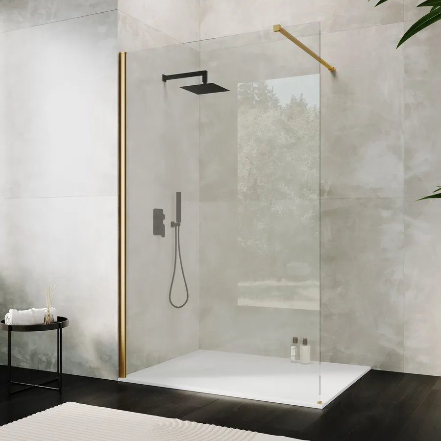Box doccia Walk in 130 cm vetro anticalcare trasparente e profilo oro ...