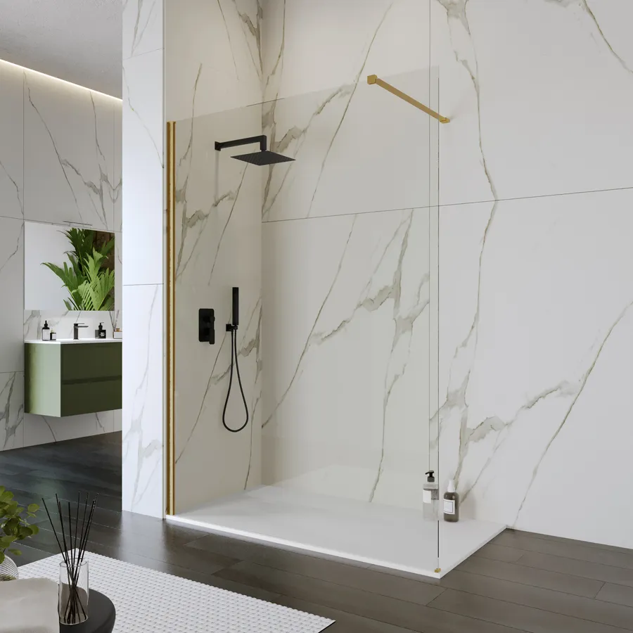 Box doccia Walk in 150 cm vetro anticalcare trasparente e profilo oro ...