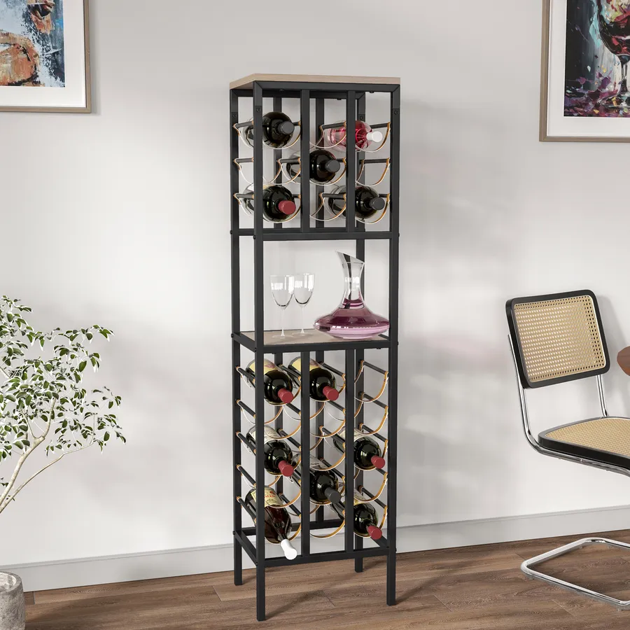 Mobile portabottiglie 40x148h cm in metallo nero e legno effetto rovere ...