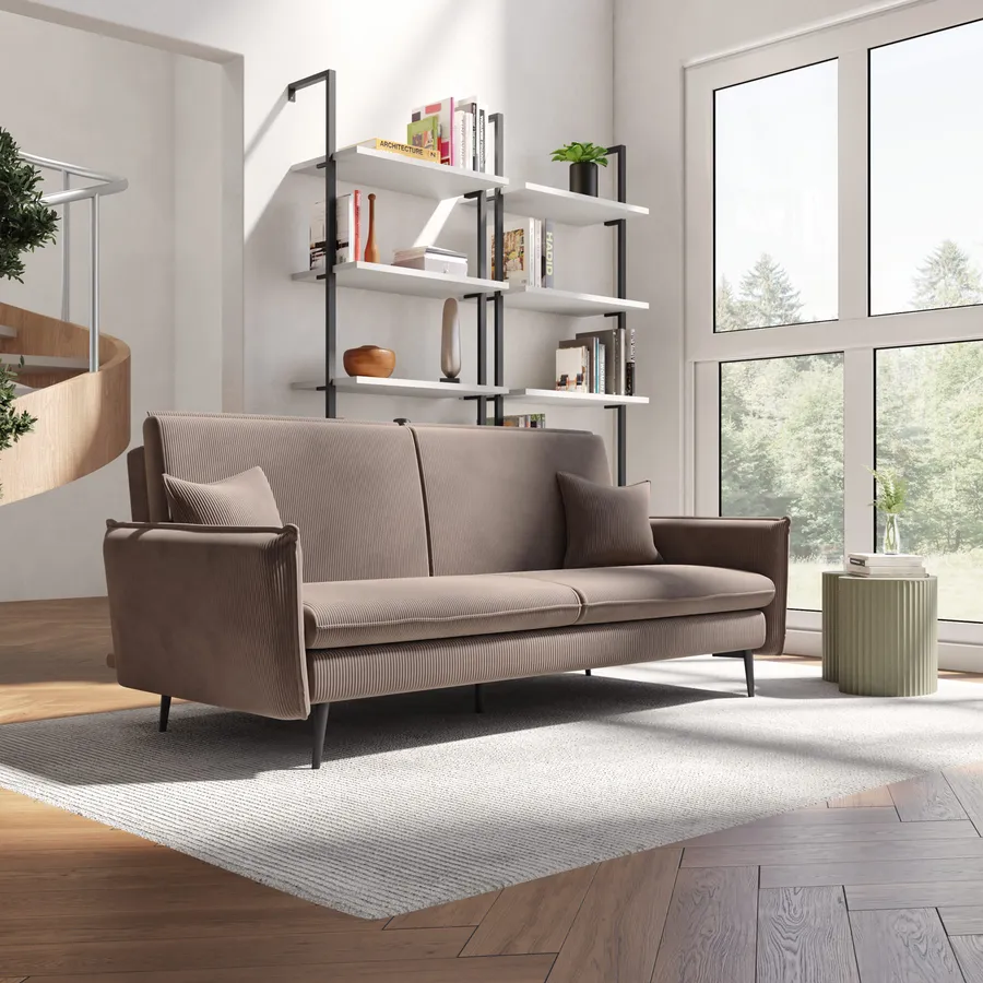 Divano letto 3 posti in velluto a coste cappuccino con piedi in metallo ...