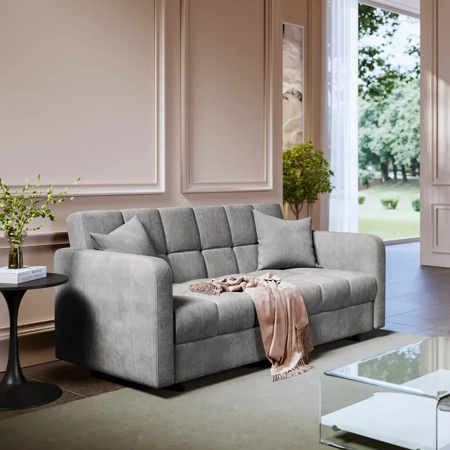 Divano letto 3 posti in tessuto effetto melange grigio con contenitore ...