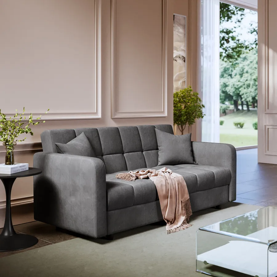 Divano letto 3 posti in tessuto effetto melange grigio scuro con ...