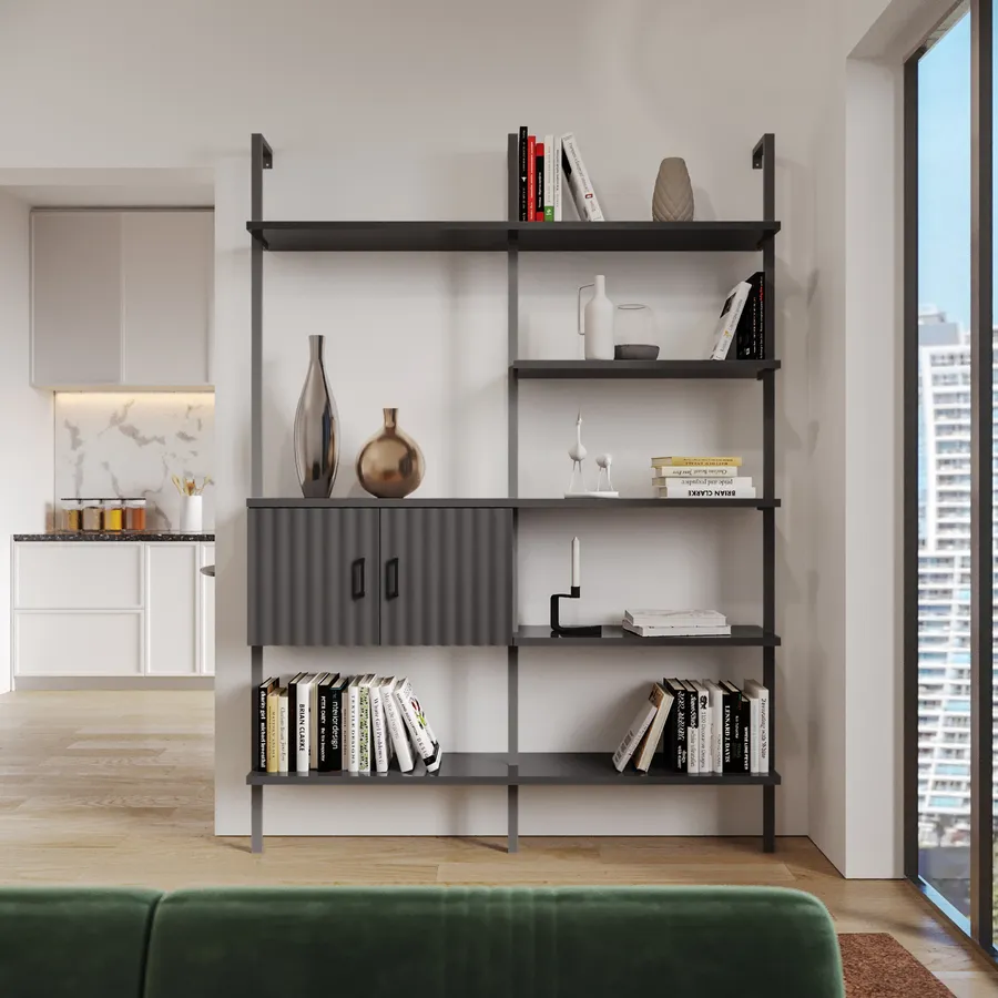 Libreria 157x216h cm con 2 ante con soft close antracite cannettato e ...