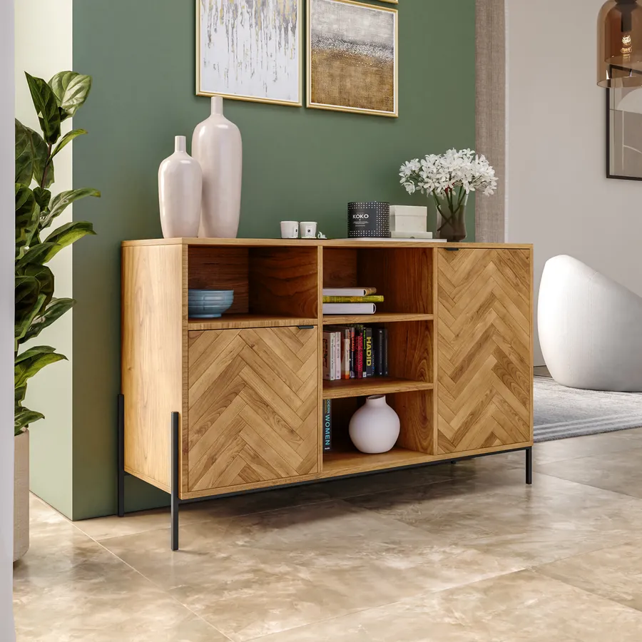 Madia 120x77h cm in legno rovere chiaro effetto parquet con 2 ante e ...