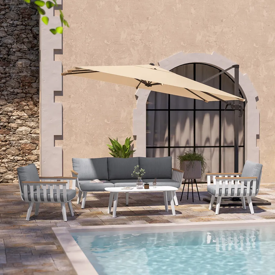 Set relax 5 posti in alluminio bianco con braccioli effetto legno e cuscini - Vallarta