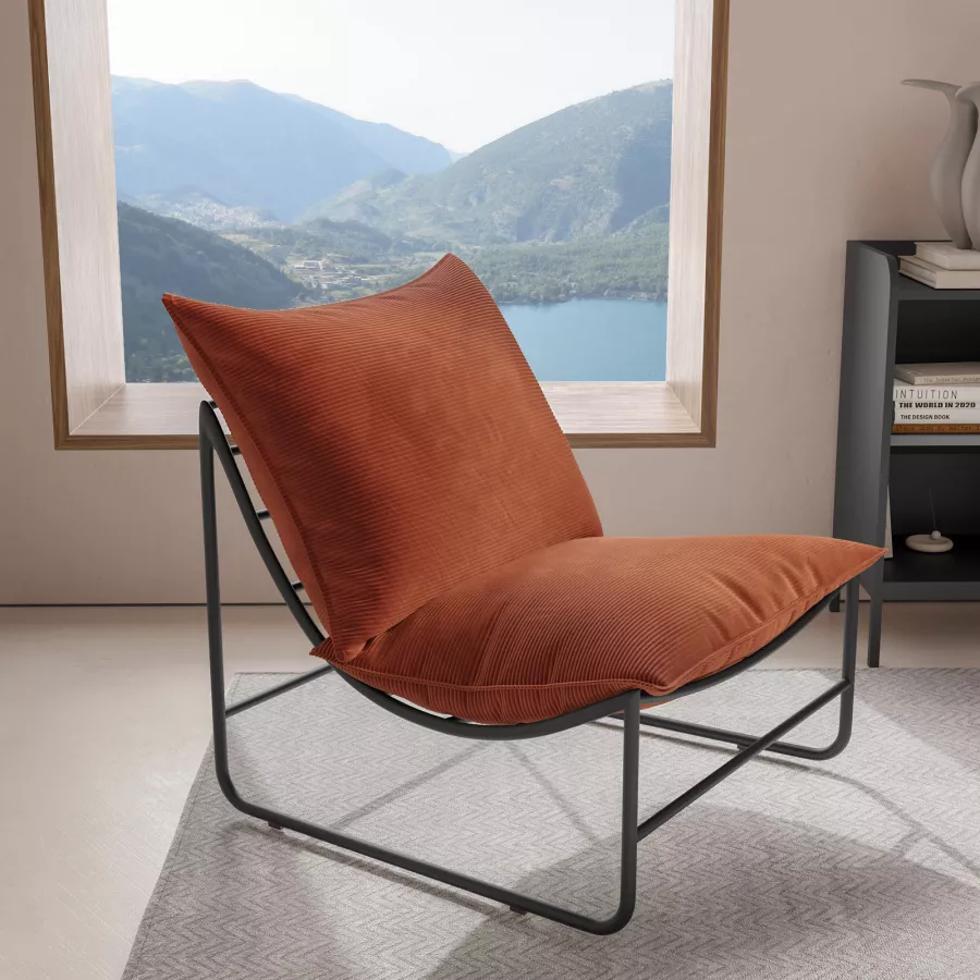 Poltrona con doppio cuscino in velluto a coste ruggine e struttura in ...