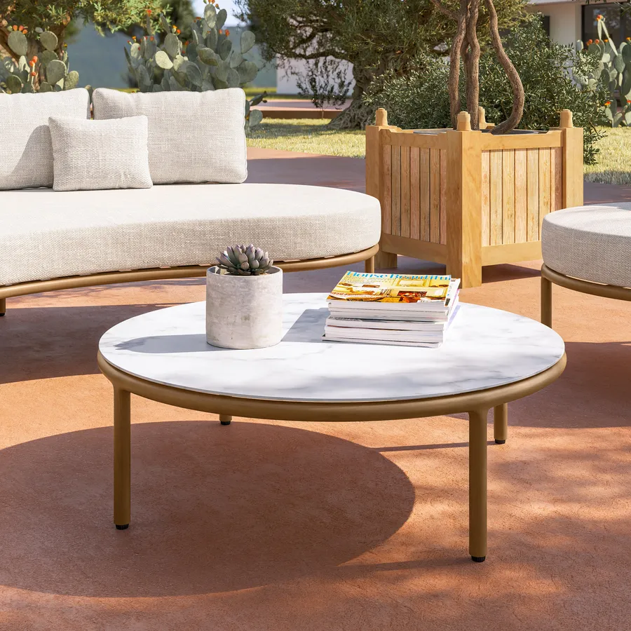 Tavolino da giardino rotondo 85 cm in alluminio effetto legno e top ...