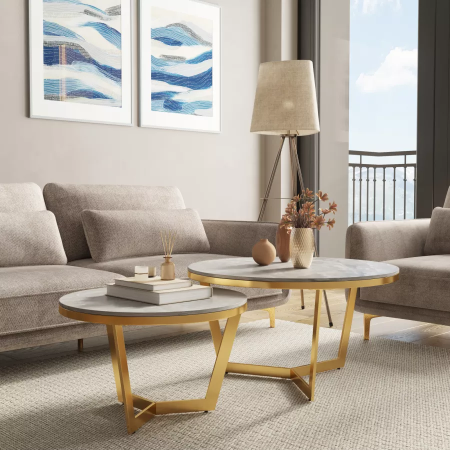 Set 2 tavolini tondi 60 cm e 80 cm top in ceramica bianca e grigia con ...