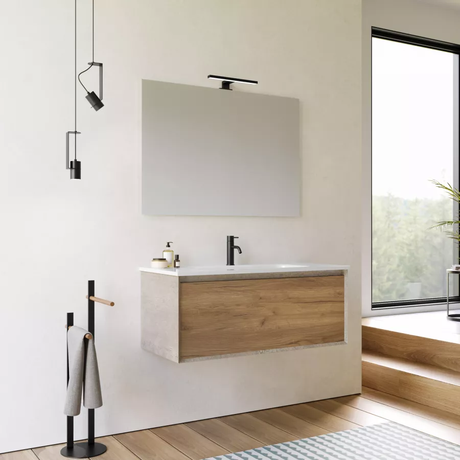 Mobile bagno sospeso 100 cm tortora e rovere europeo effetto pietra con ...