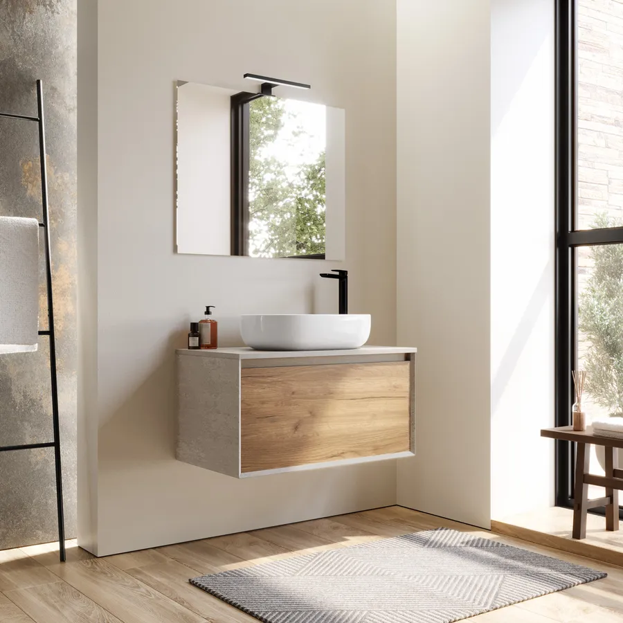 Mobile bagno sospeso 80 cm tortora e rovere europeo effetto pietra per ...