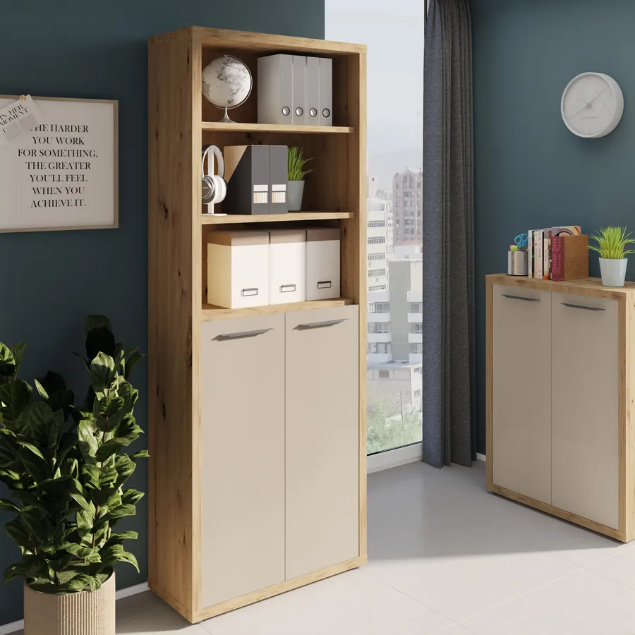 Libreria 82x217h cm rovere artisan con 2 ante basse cashmere lucido ...