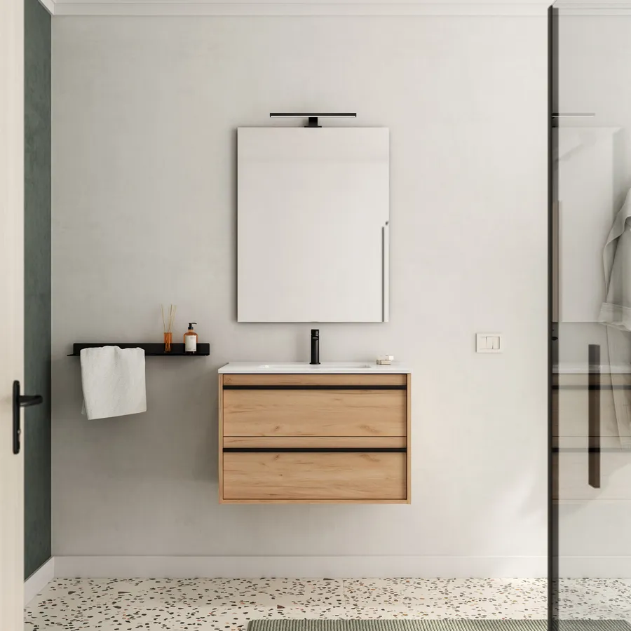 Mobile bagno sospeso 80 cm rovere africa con lavabo e specchio - Maestro