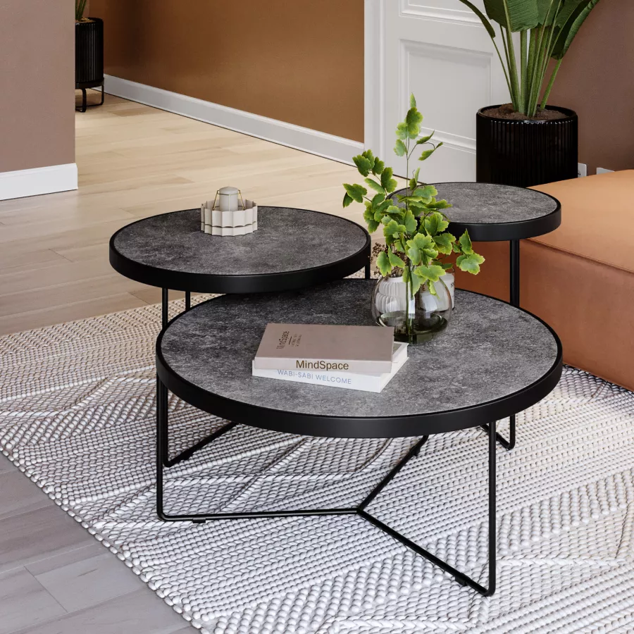 Set 3 tavolini con top in legno effetto marmo grigio e struttura in ...