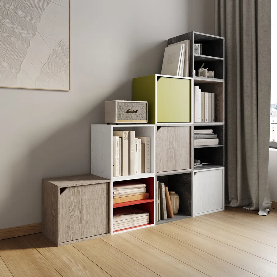 Set 10 cubi modulari multicolor effetto legno con ante e ripiani - Puzzle