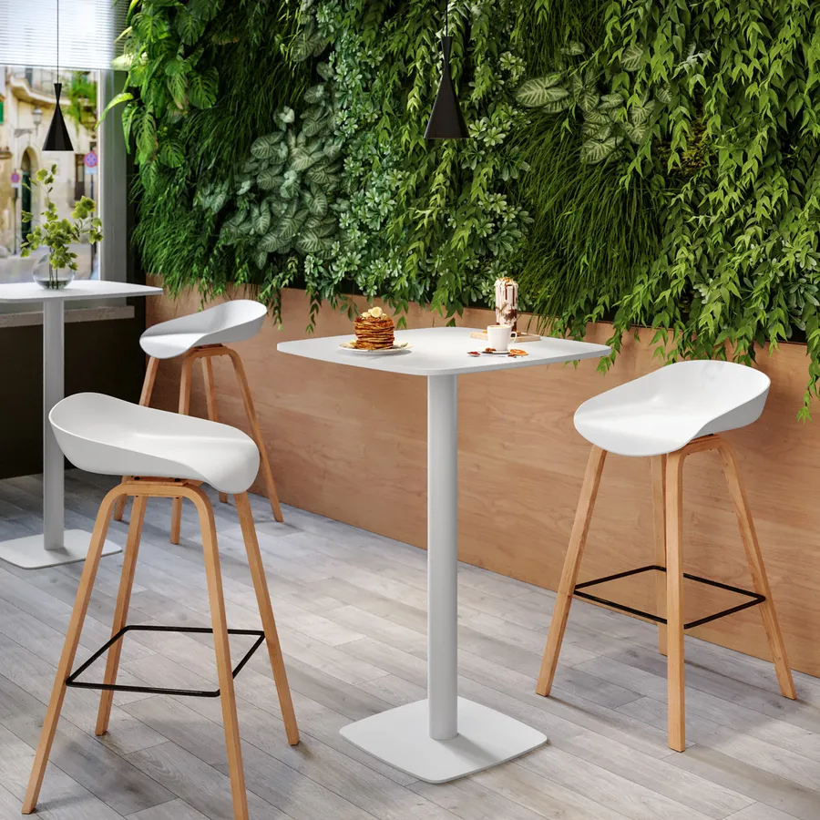 Tavolo alto 70x70 cm top bianco con bordi arrotondati e base in metallo ...