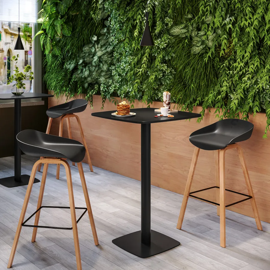 Tavolo alto 80x80 cm top nero con bordi arrotondati con base in metallo ...