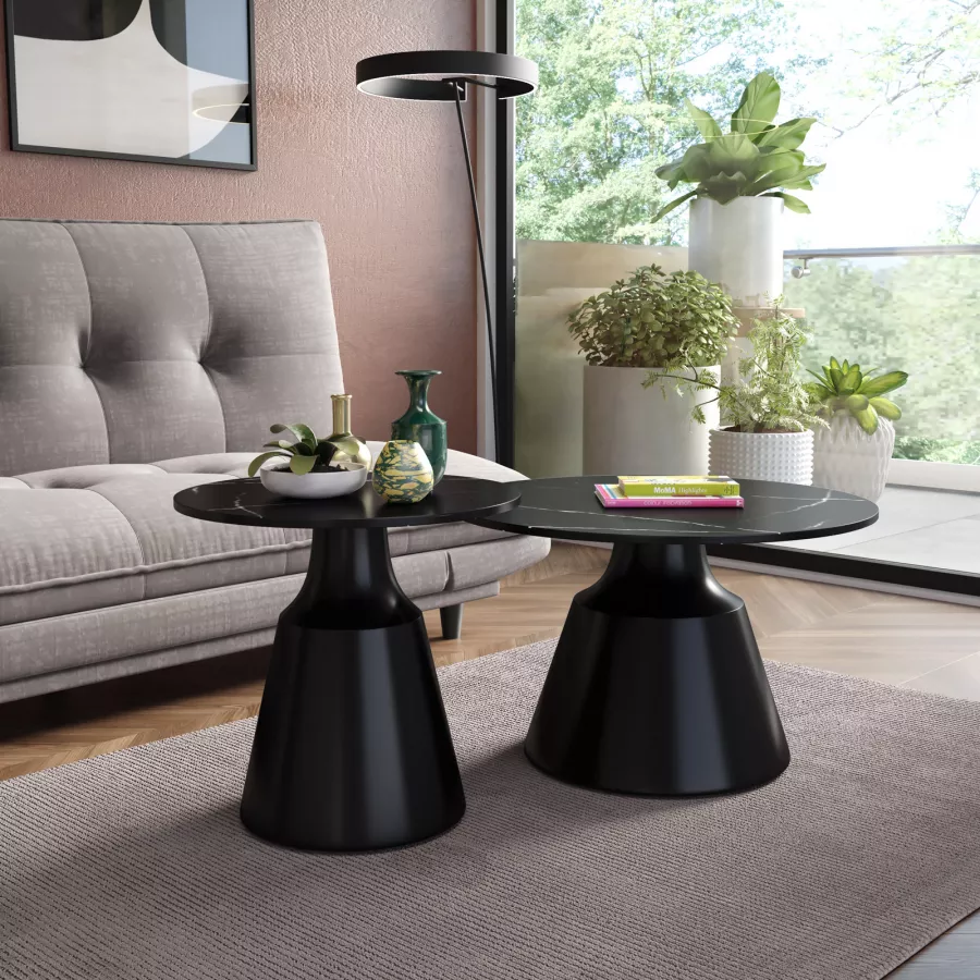 Set 2 tavolini tondi 50 e 70 cm in ceramica nero portoro opaco e base ...