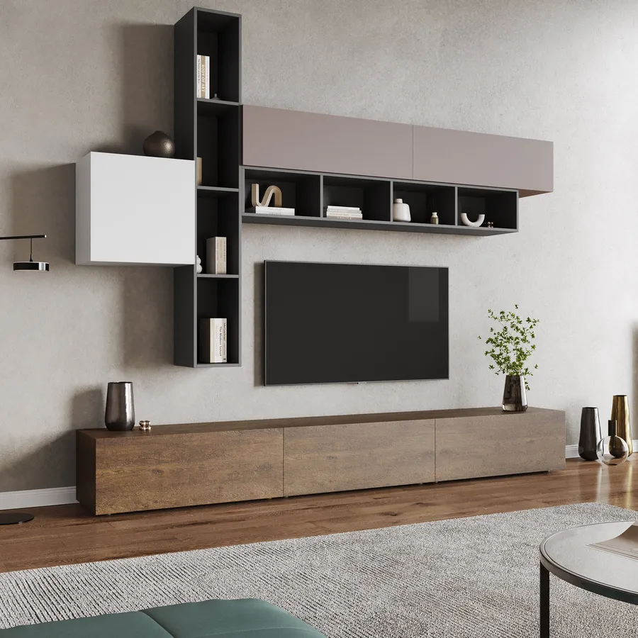 Parete attrezzata 275 cm con porta tv rovere scuro e pensili antracite ...