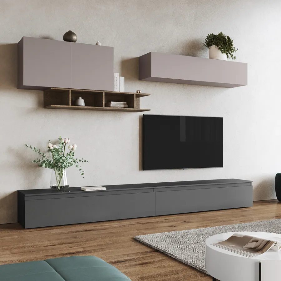 Parete attrezzata 300 cm antracite con pensili rovere scuro e tortora ...