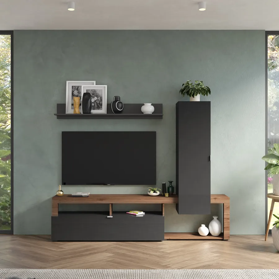 Parete attrezzata 219x172h cm in legno antracite lucido e rovere ...