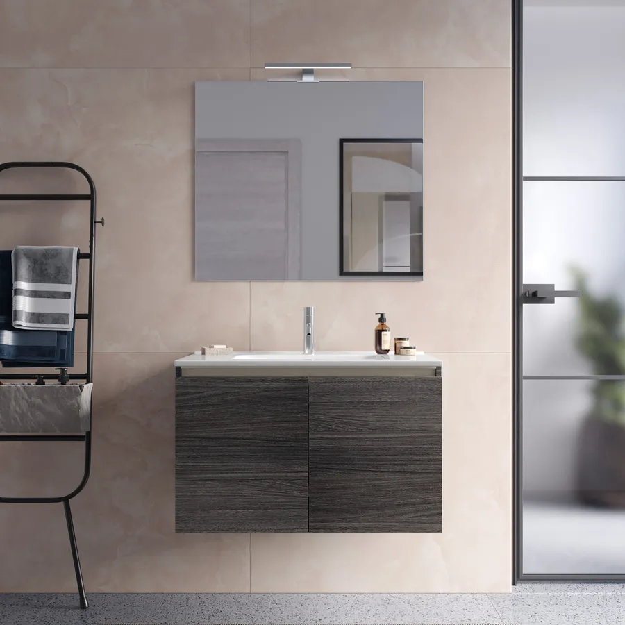Mobile bagno sospeso con ante 90 cm rovere grigio con lavabo e specchio ...