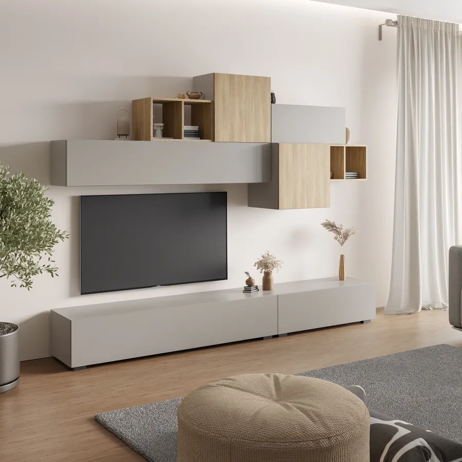 Parete attrezzata 260 cm in legno cashmere e rovere - Zanga