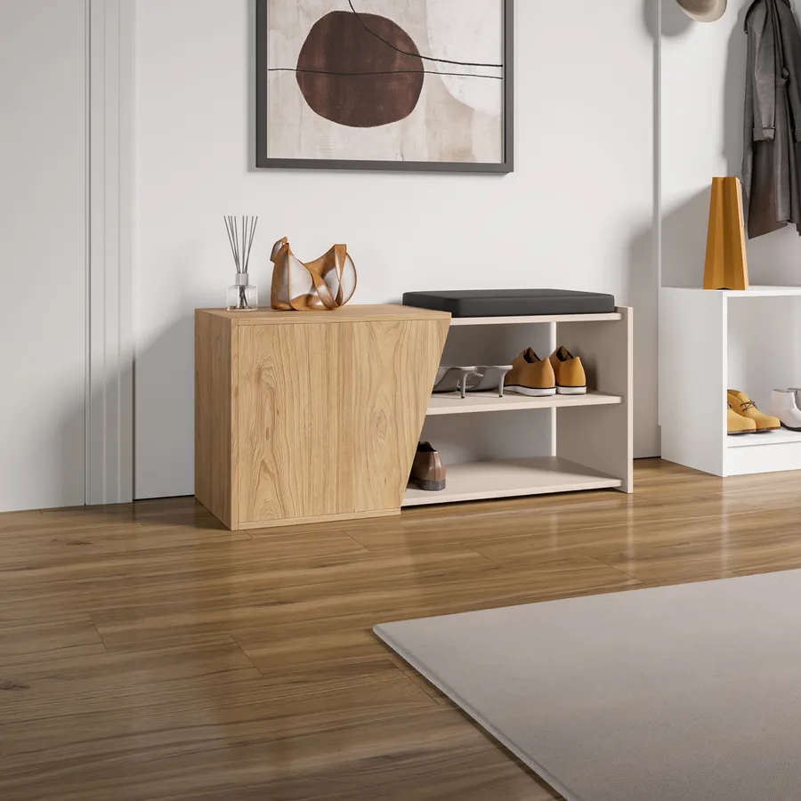 Scarpiera 104x47h cm in legno cashmere e rovere con ripiano e anta ...