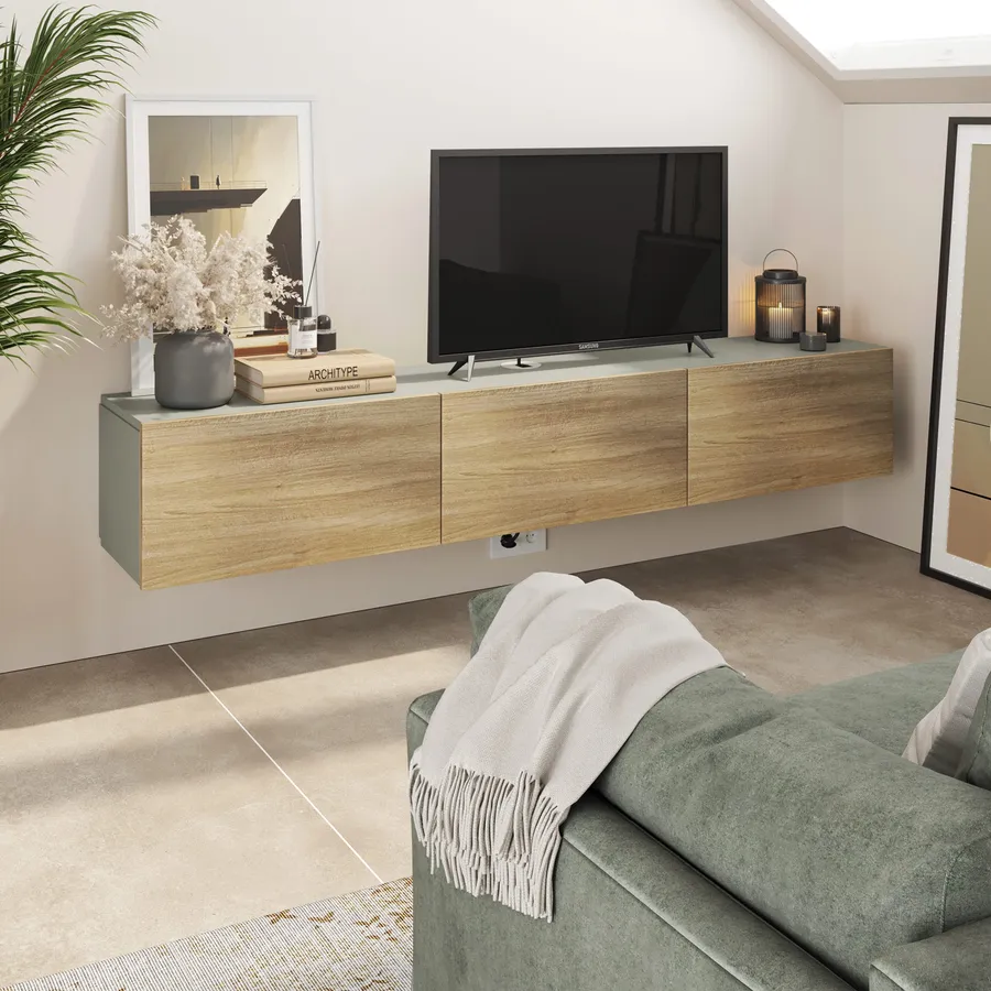 Mobile porta tv 180 cm in legno rovere e verde salvia con 3 ante - Betka