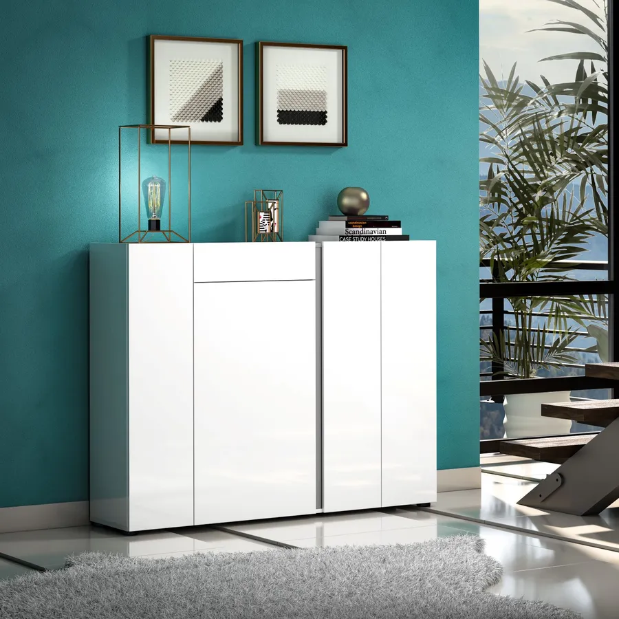 Scarpiera 149x115h cm con 4 ante soft close e 1 cassetto bianco lucido ...