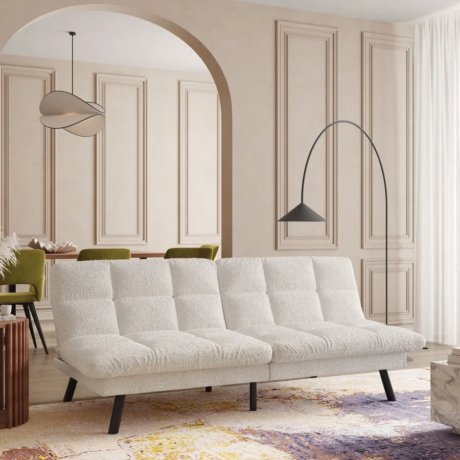 Divano letto 2 posti in tessuto teddy bianco e gambe in metallo nero ...